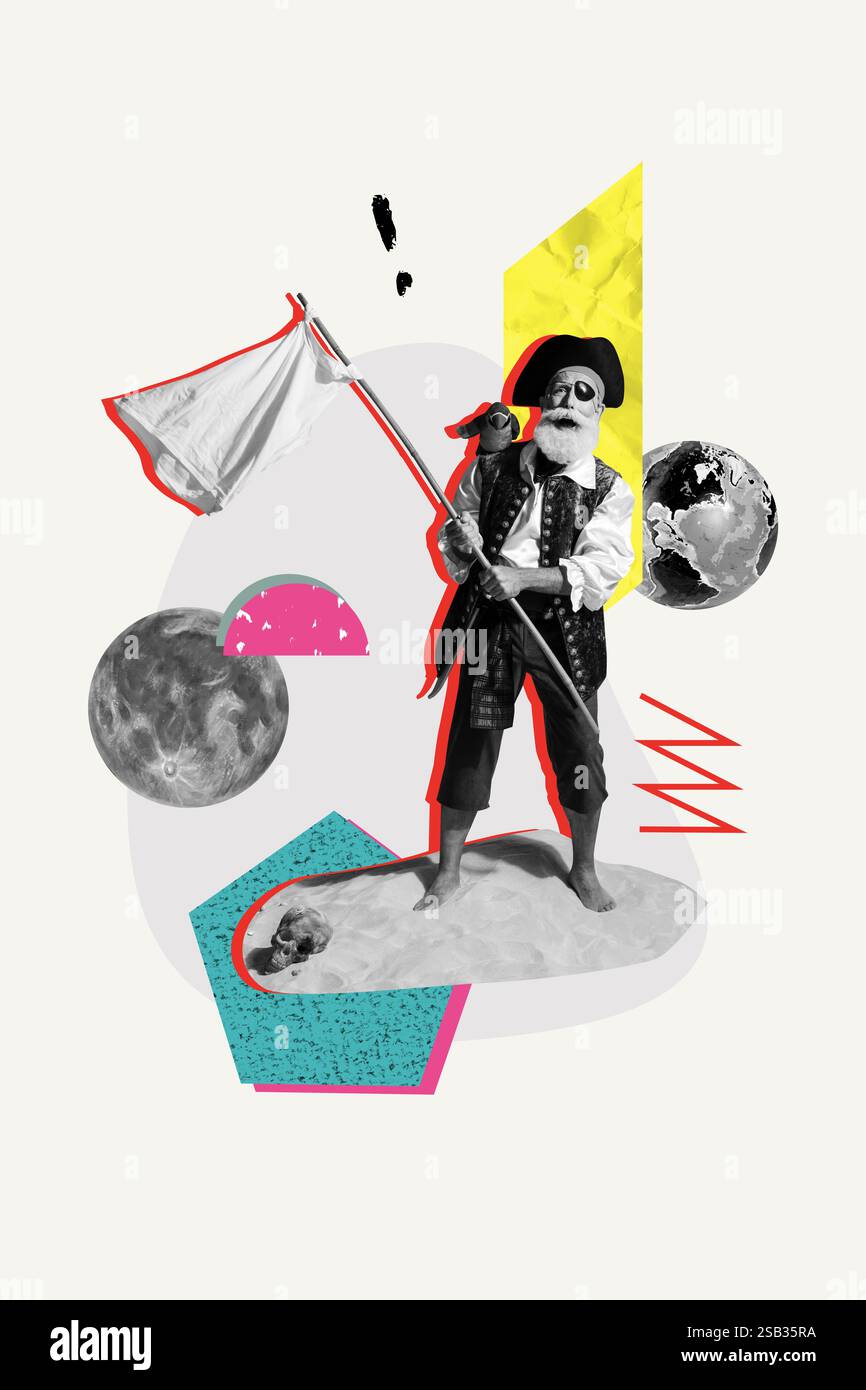 Trend image vertical photo collage of worried pirate senior man hold ...