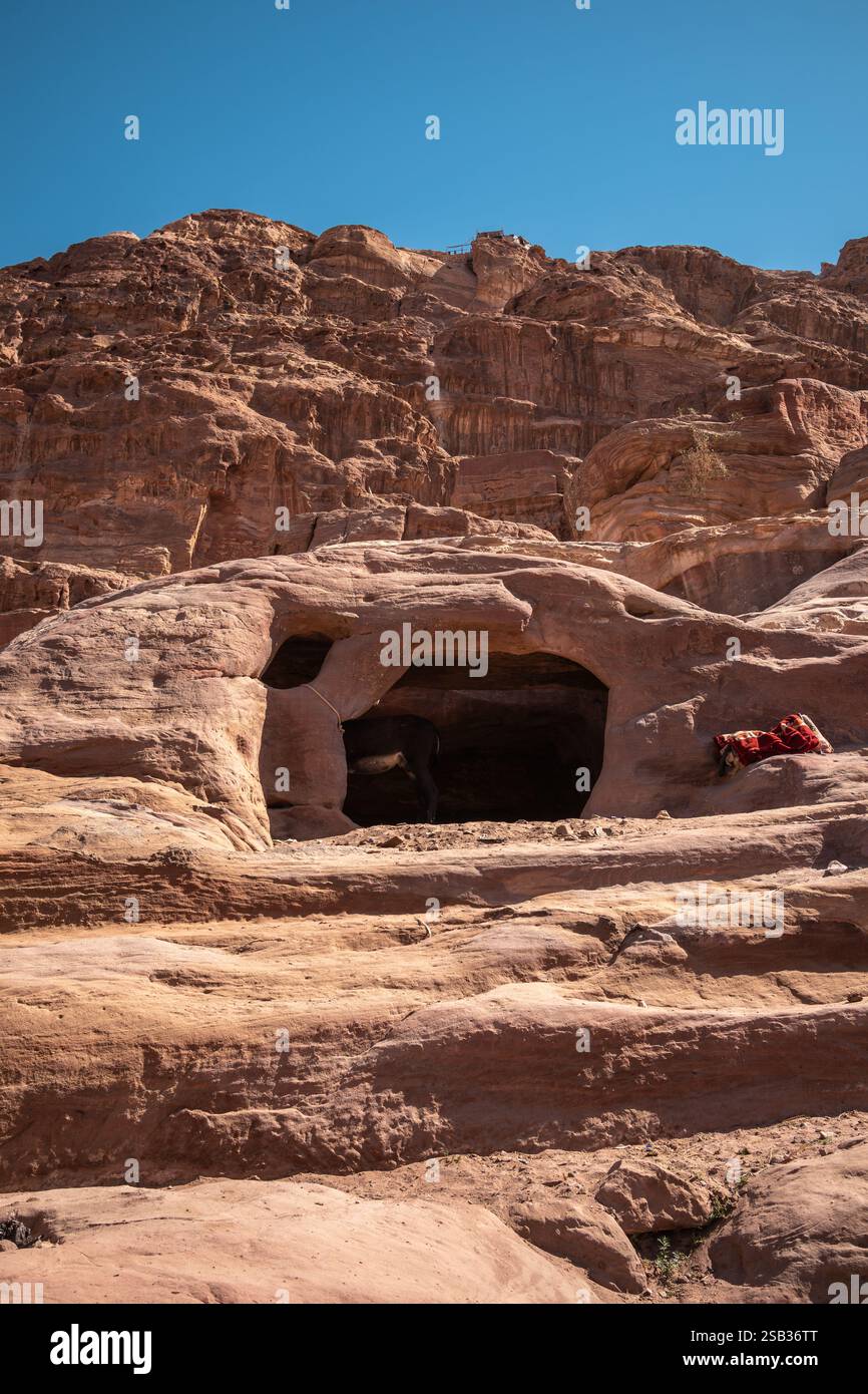 Vertical View of Rock Formation in Petra. Sandstone Rocky Cliff with Blue Sky in Jordan. Stone ...