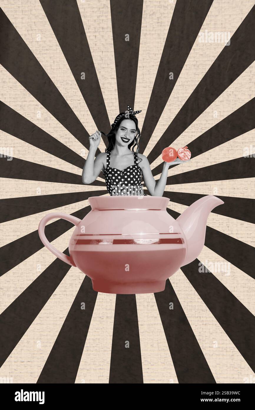 Poster image vertical photo collage of happy vintage girl peek teapot ...