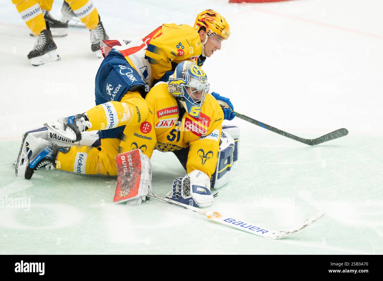 Lausanne, Switzerland. , . Luca Hollenstein (goalkeeper) of HC Davos ...