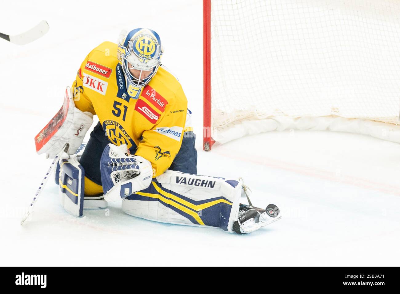 Lausanne, Switzerland. , . Luca Hollenstein (goalkeeper) of HC Davos ...