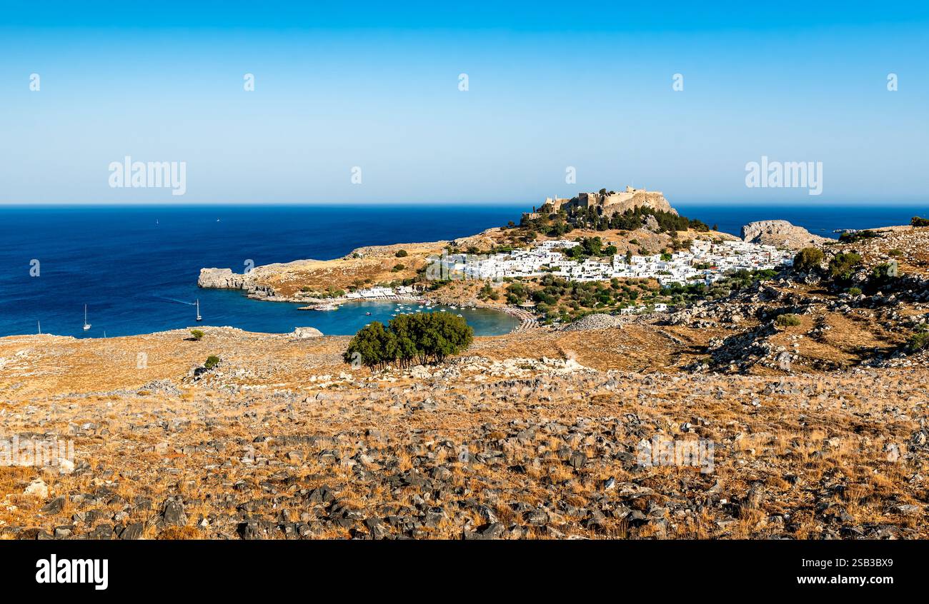 Panorama of Lindos bay with Lindos beach and ancient Greek town Lindos ...