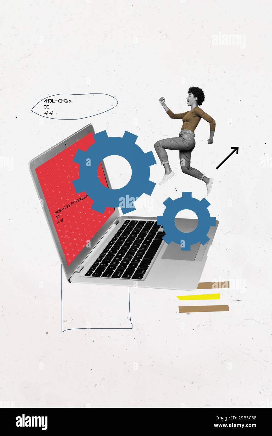 Vertical art creative trend collage of happy american girl run hacking ...