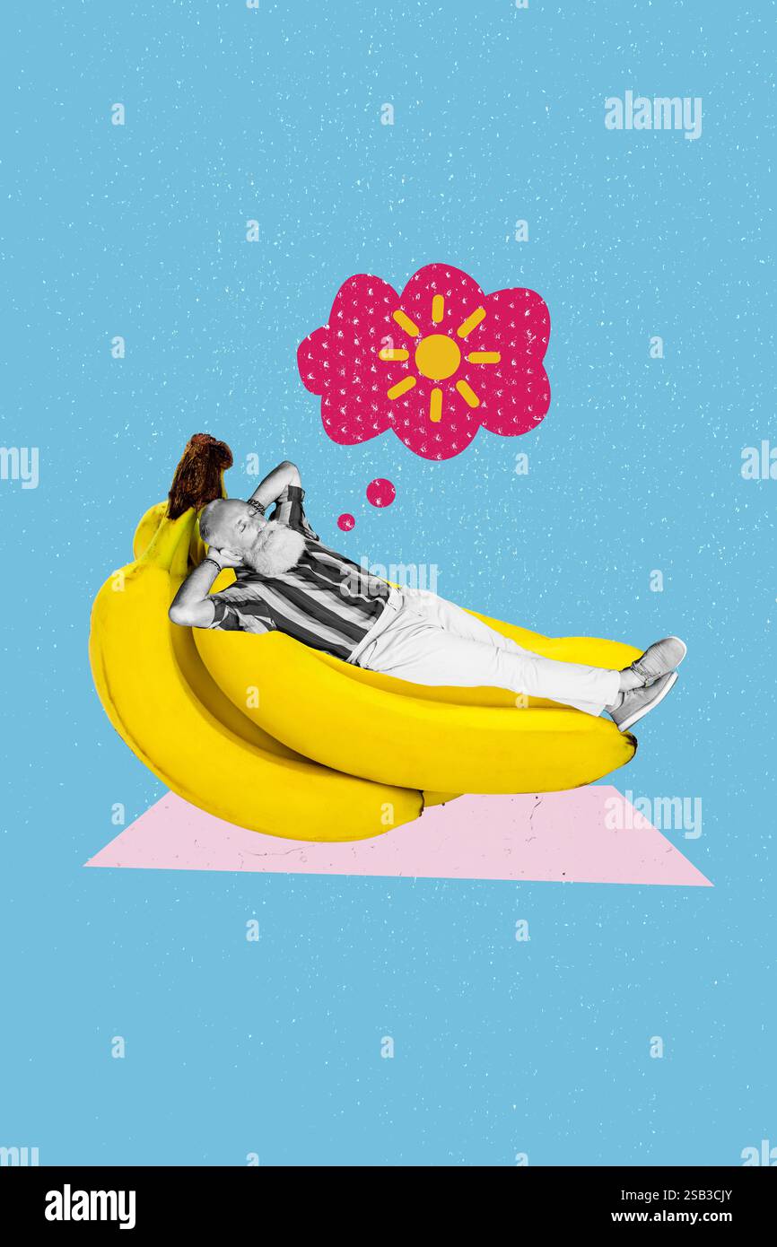 Trend artwork composite banner 3D photo collage of aged man relax lying huge banana fruit dream ...