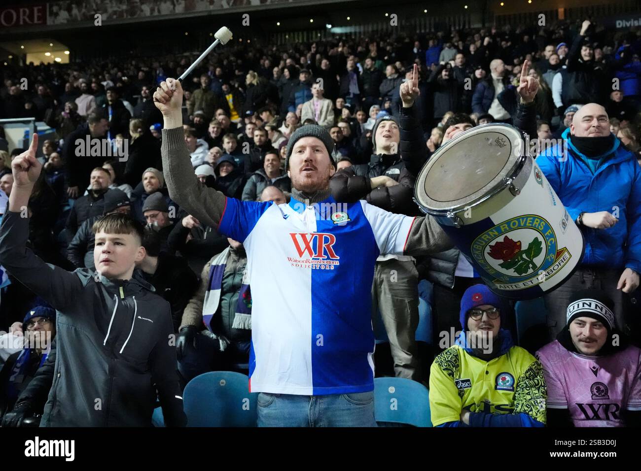 A Blackburn Rovers fan in the stands plays the drum during the Sky Bet ...