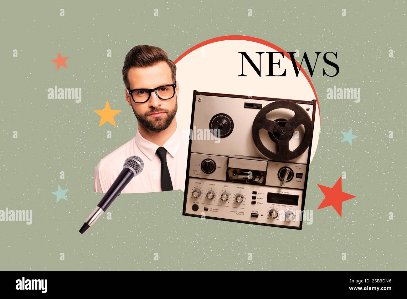 Art 3d sketch collage of serious man correspondent hold microphone ...