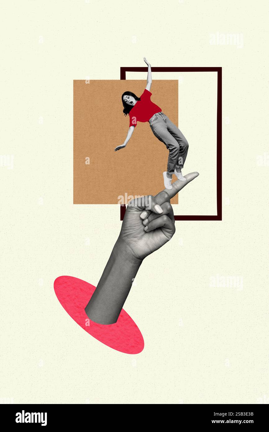 Vertical photo collage of shocked scared girl stand human hand point ...