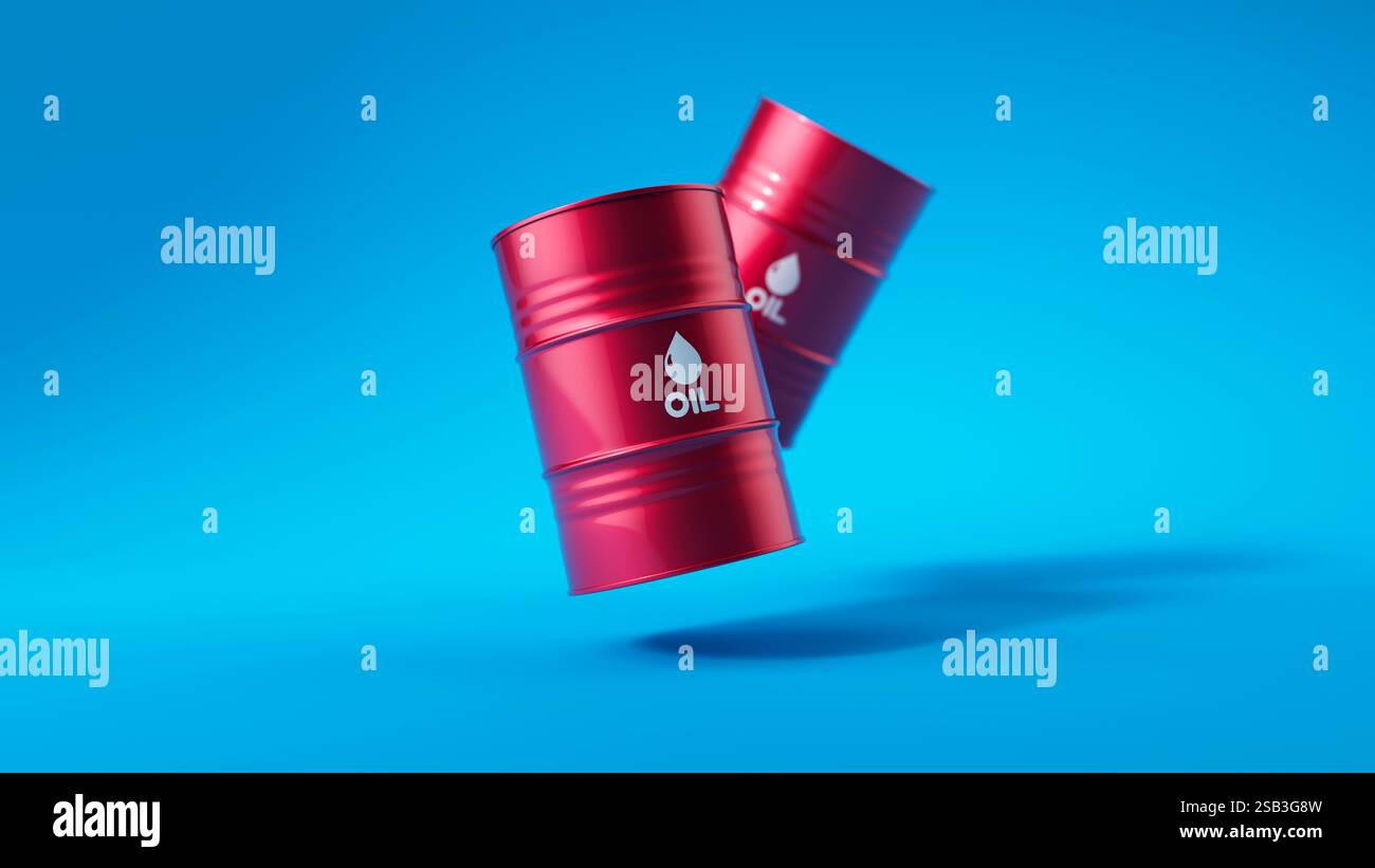 Two floating red metal oil barrels on blue background. Front view with ...