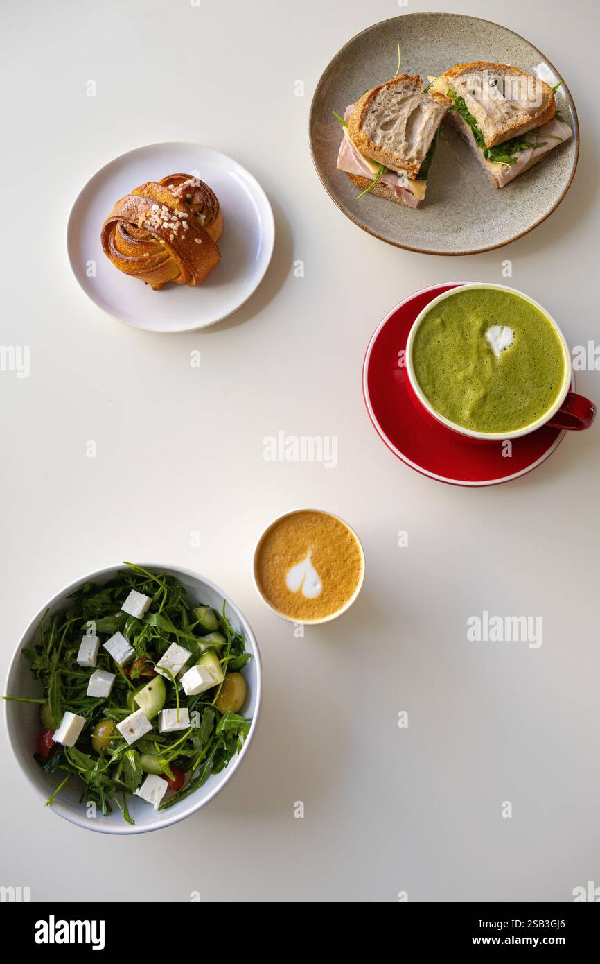Selection of food, drink and pastries served at a coffee shop Stock ...
