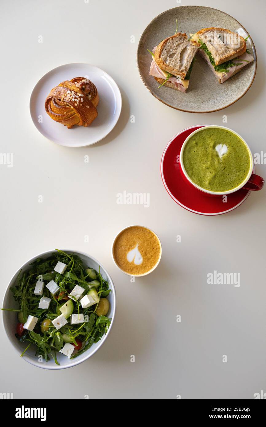 Selection of food, drink and pastries served at a coffee shop Stock ...
