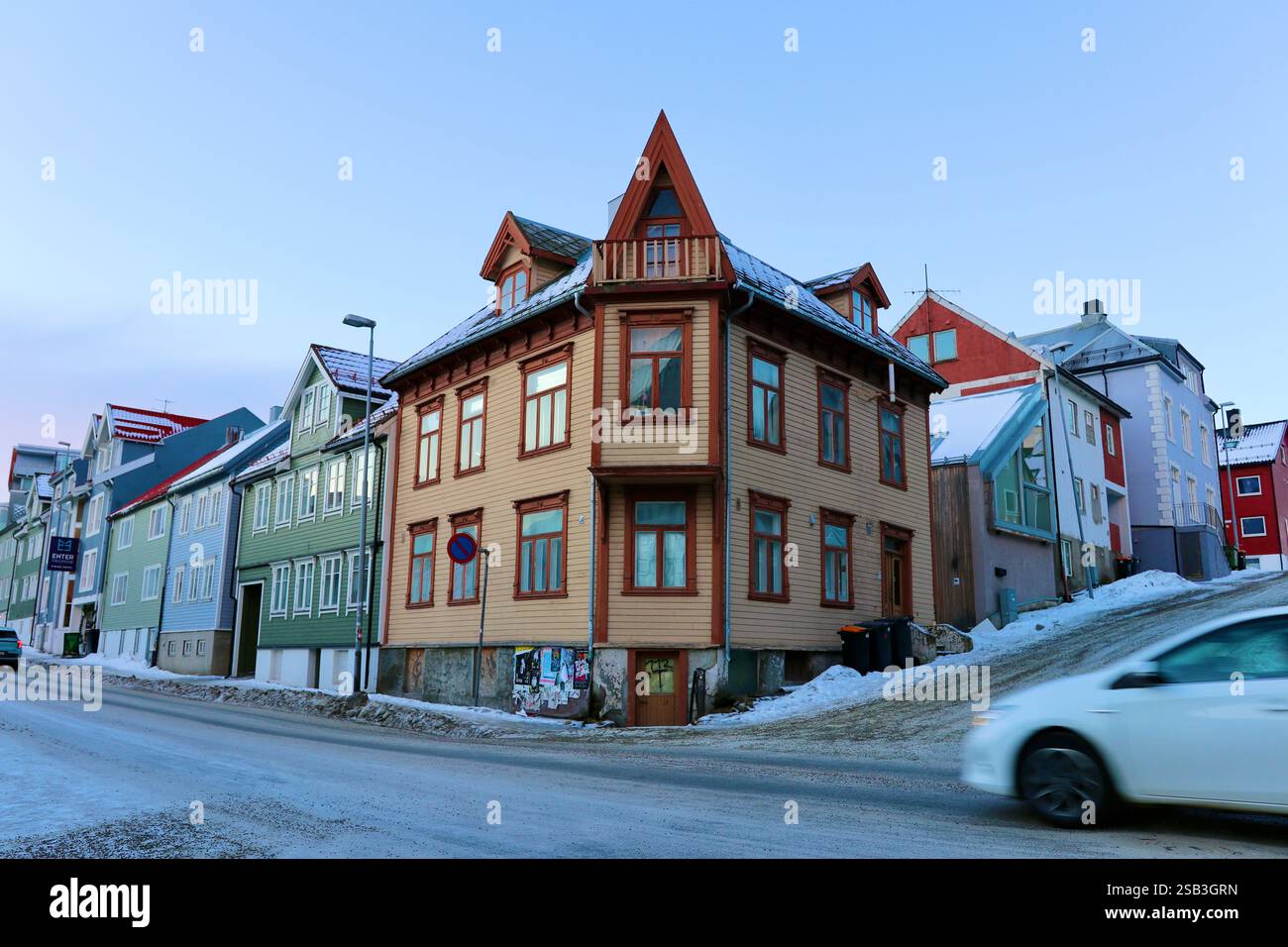 A traditional wooden building in Tromso, Norway, showcasing colourful ...