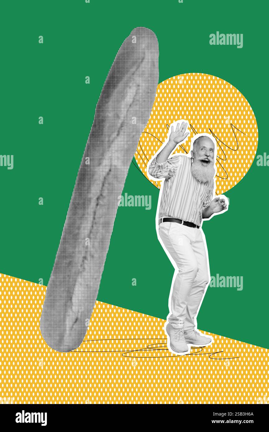 Vertical art banner collage of excited old man scream loaf bread flour ...