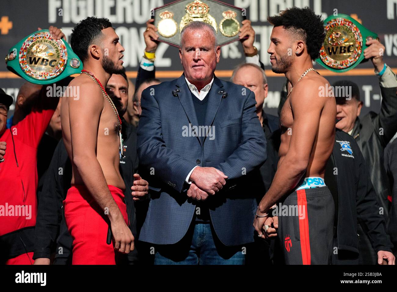 David Benavidez, left, and David Morrell Jr. pose during a ceremonial ...