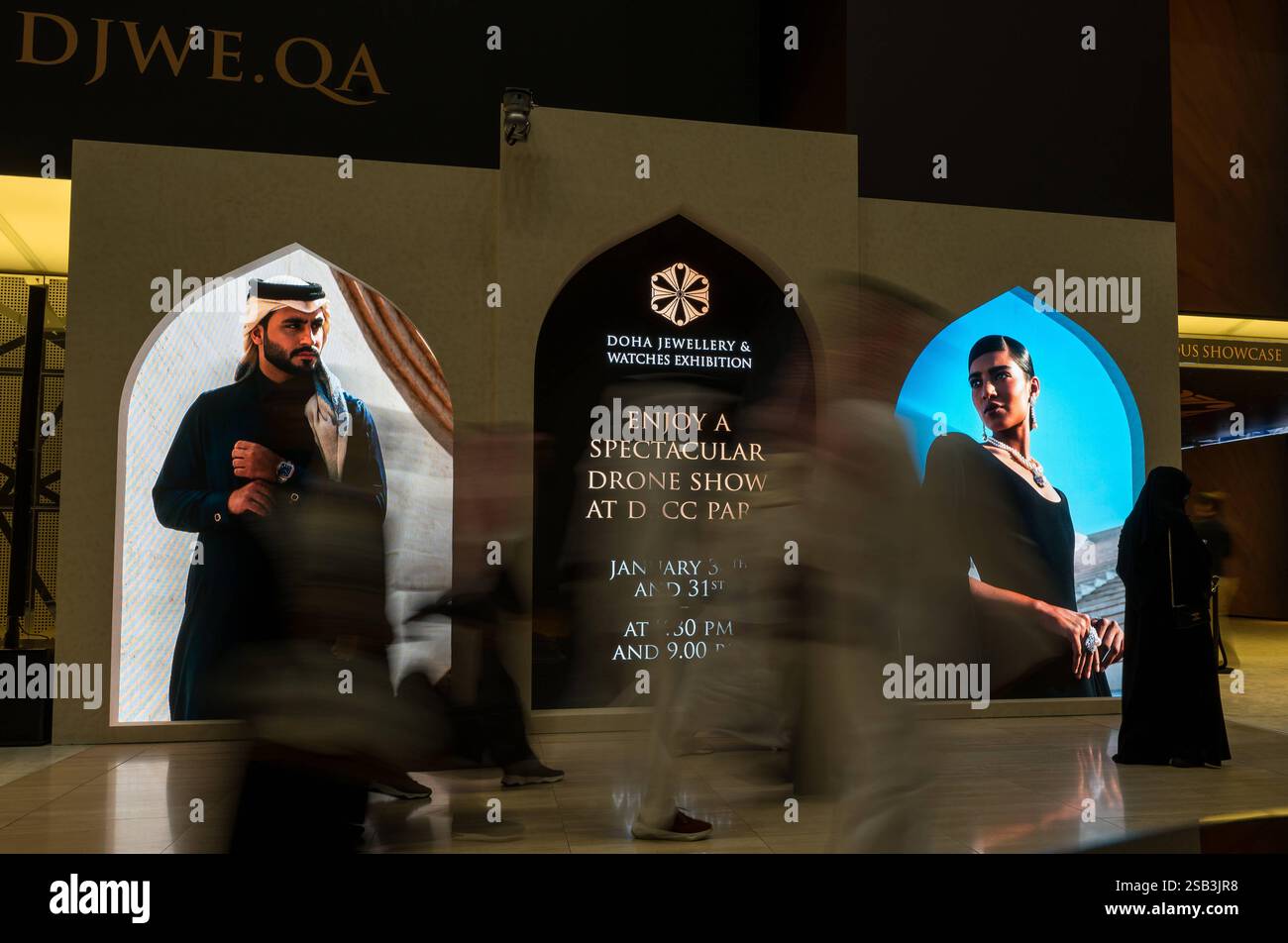 DOHA JEWELLERY AND WATCHES EXHIBITION People visit and look at gold and ...