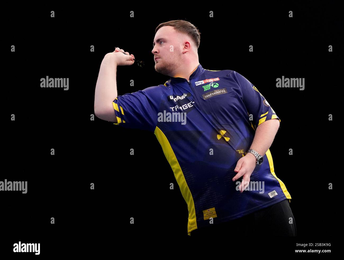 Luke Littler during his first round match against Andy Baetens during ...