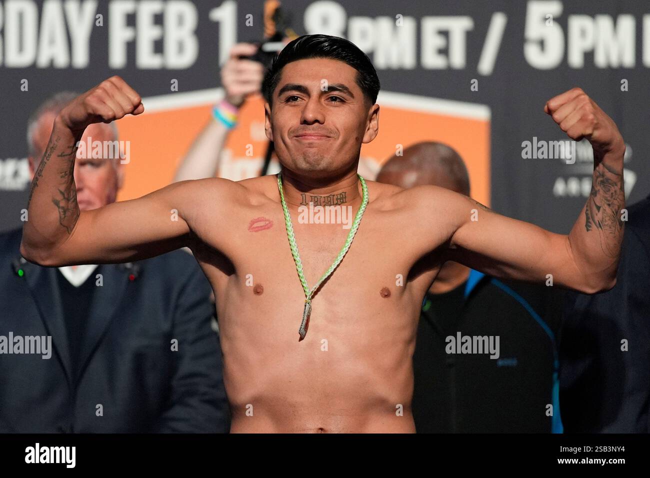 Angel Fierro poses during a ceremonial weigh-in for a super lightweight ...
