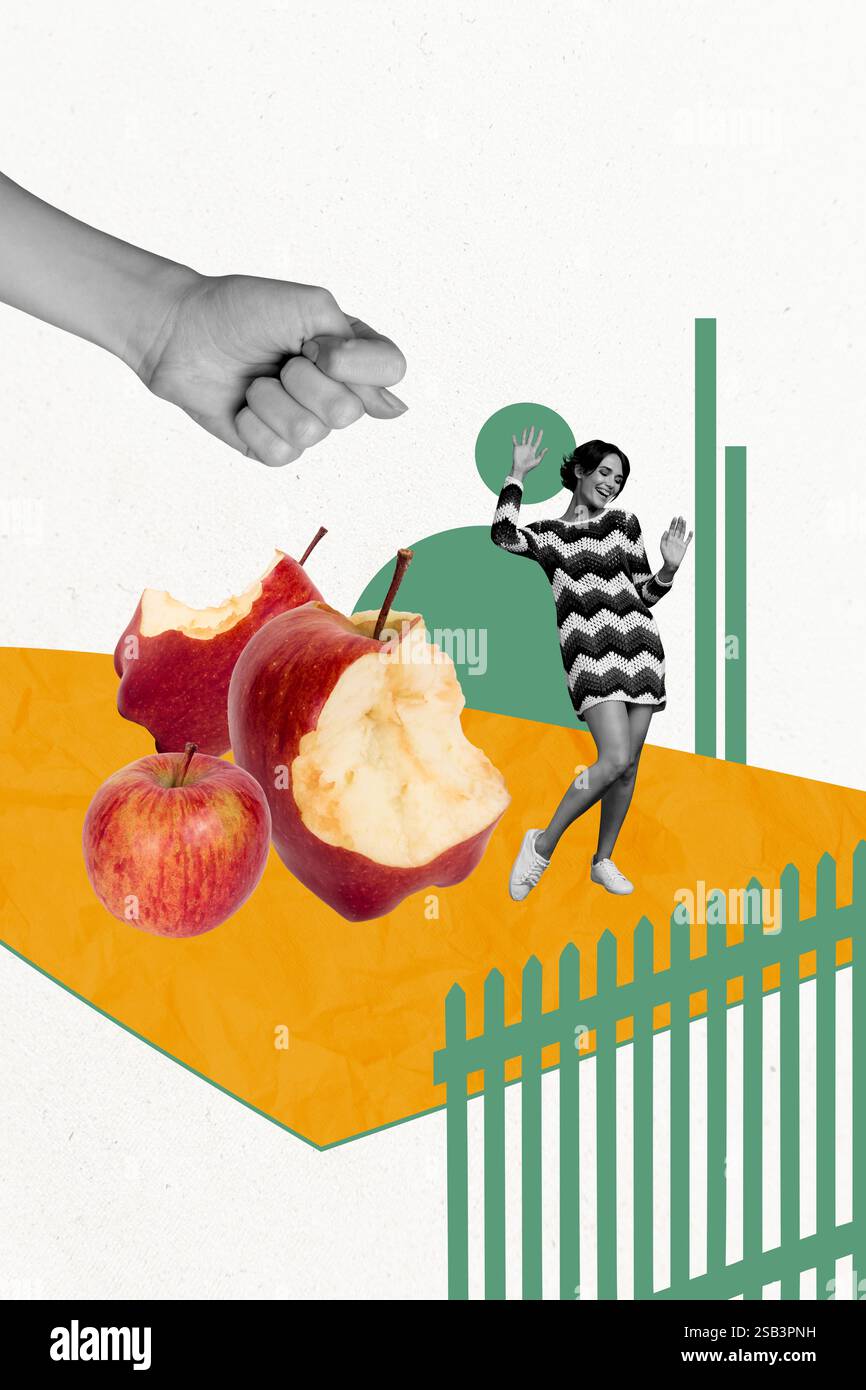 Vertical photo collage of happy girl stand bite apple nutrition juicy ...