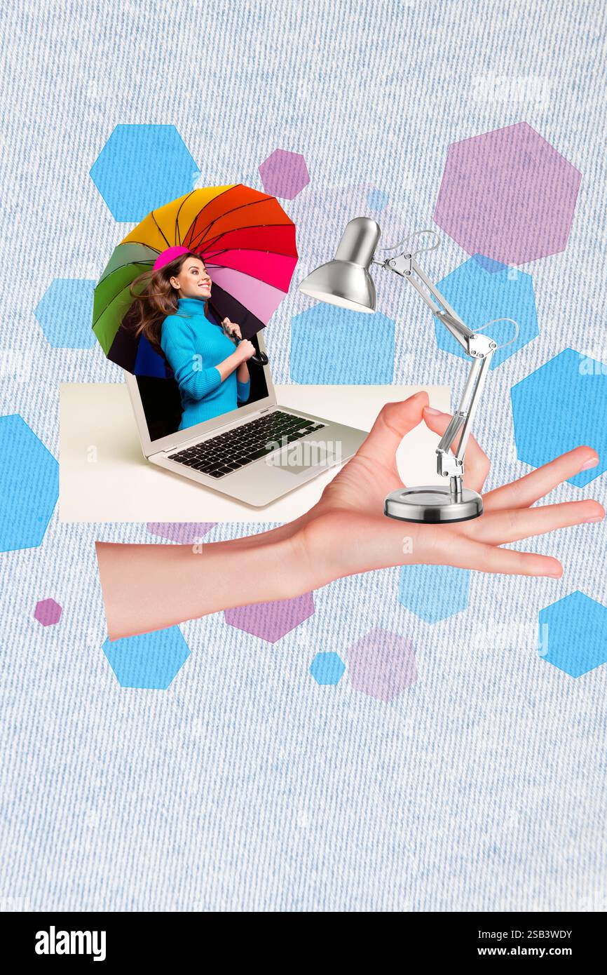 Vertical photo collage of hands girl peek laptop screen hold umbrella ...
