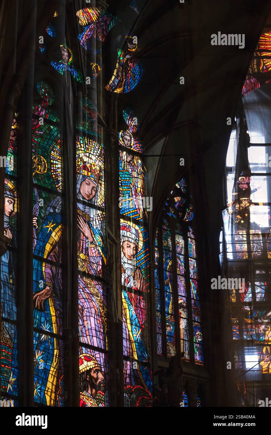 Stained glass windows inside St. Vitus Cathedral at Prague Castle Stock ...