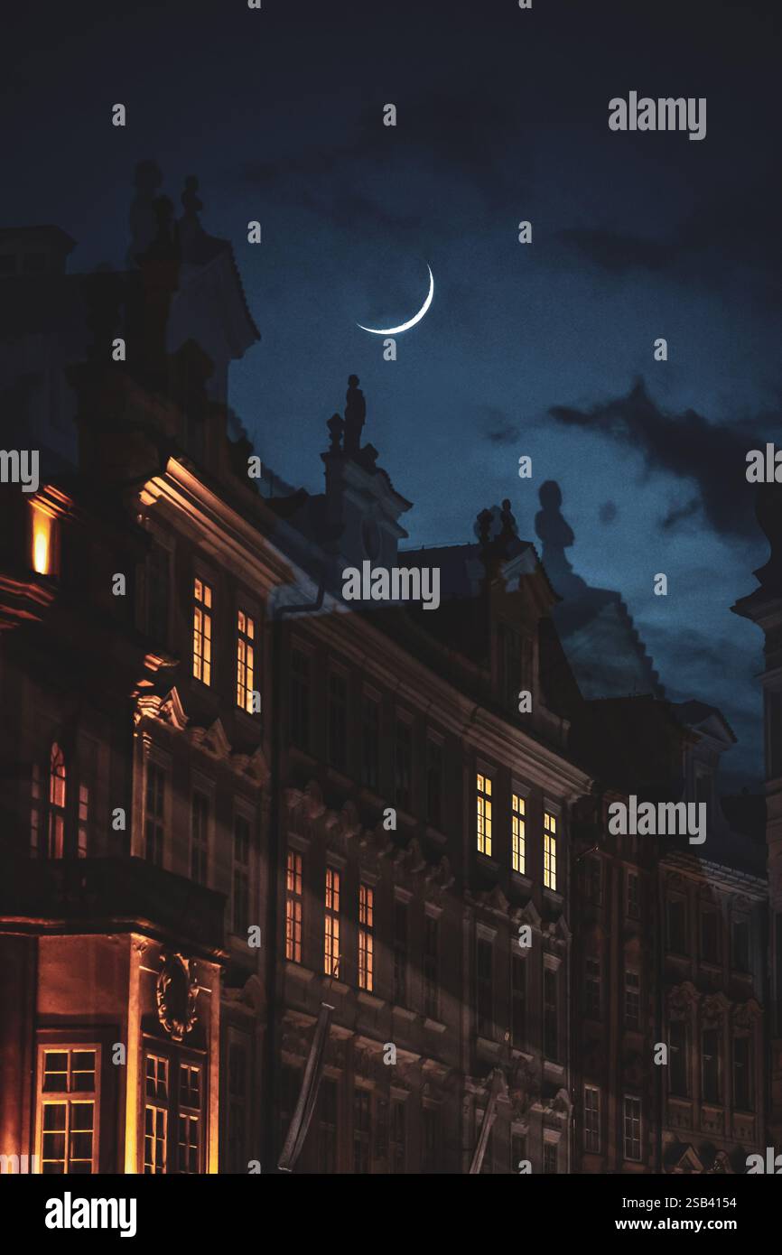 Crescent moon over Prague's old town on a winter night Stock Photo - Alamy