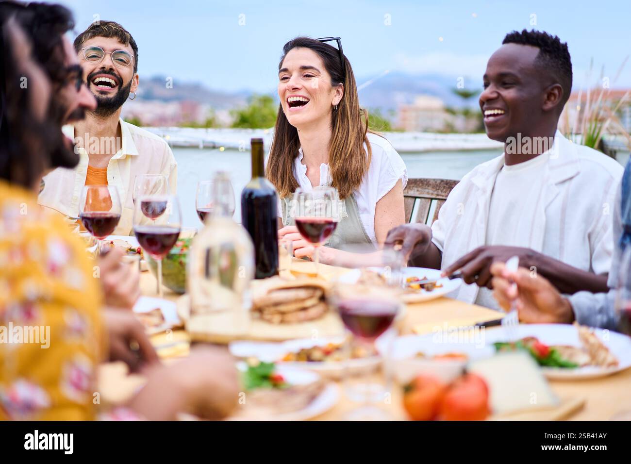 Group of diverse young adult joyful friends barbecue summer party ...