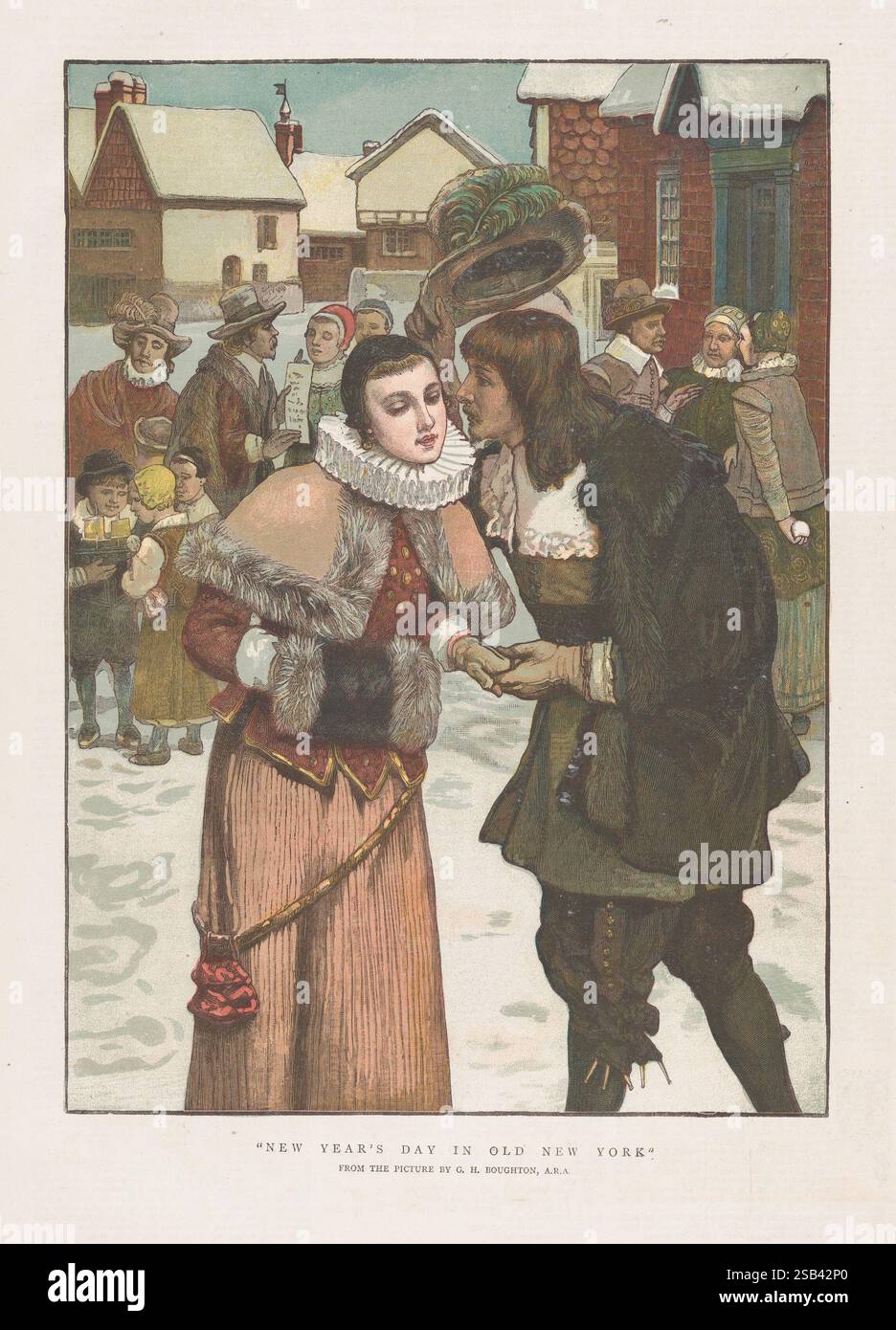 New Year's Day in Old New York circa 1675, This color wood engraving is ...