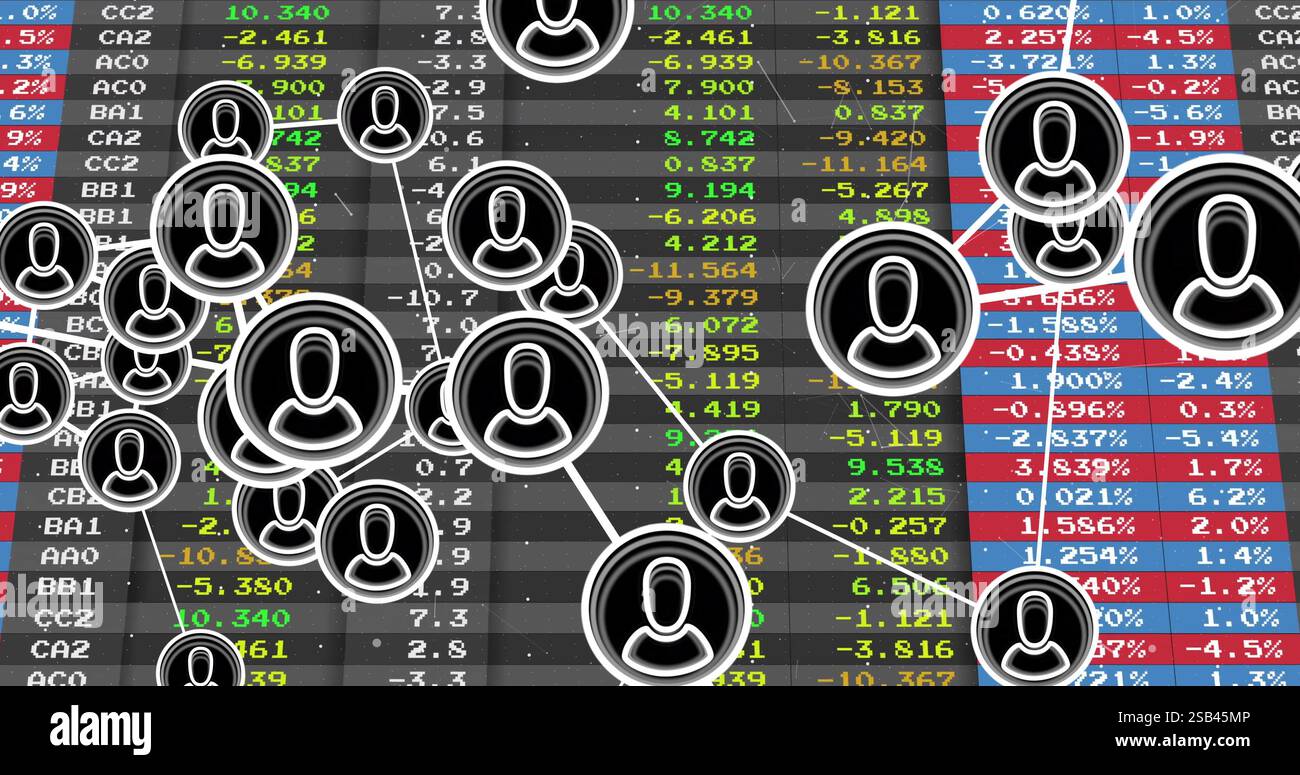 Network of user icons image over financial data and stock market ...