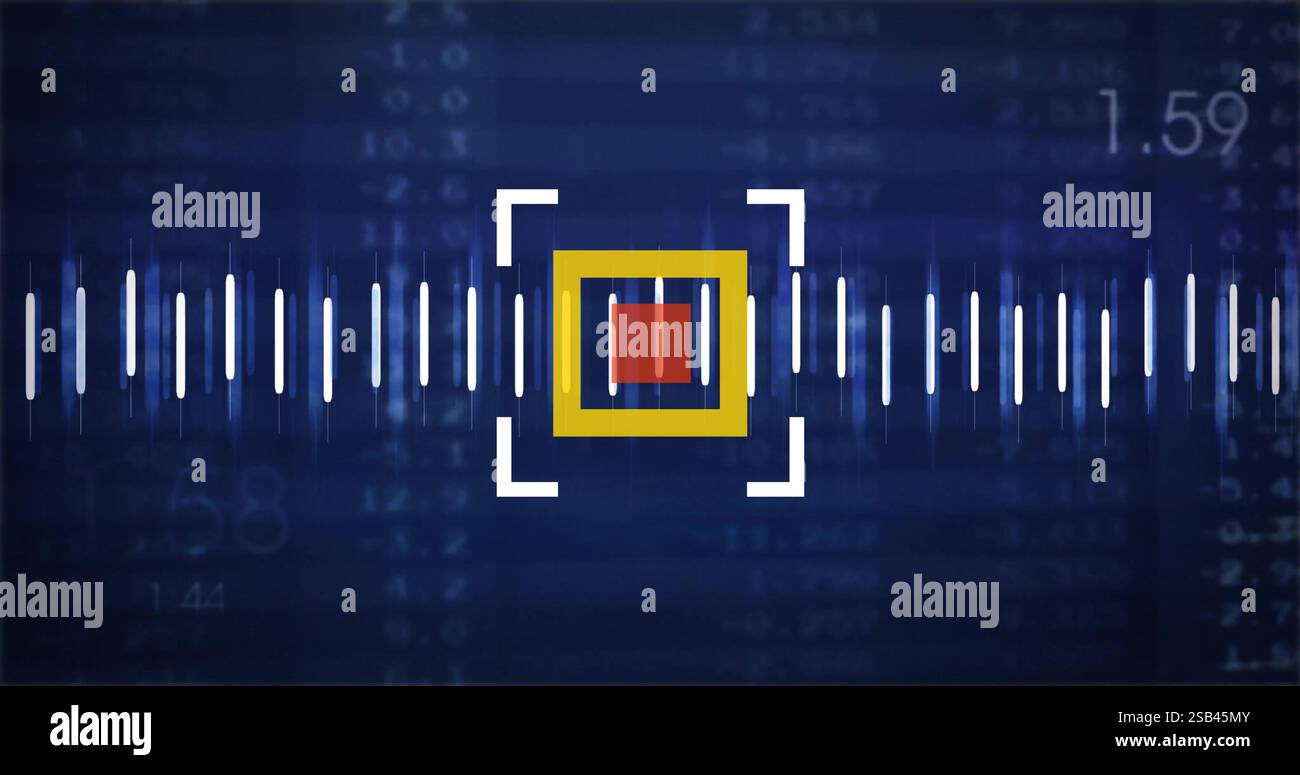 Targeting reticle and data analysis image over financial data on blue ...