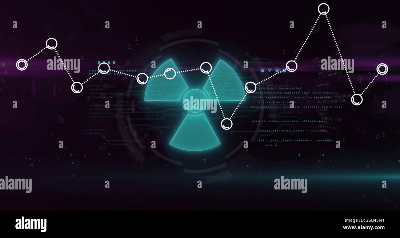 Radiation symbol with connected nodes and data points, scientific data ...