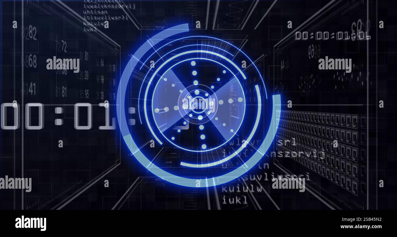 Futuristic blue digital target image over complex data and coding ...