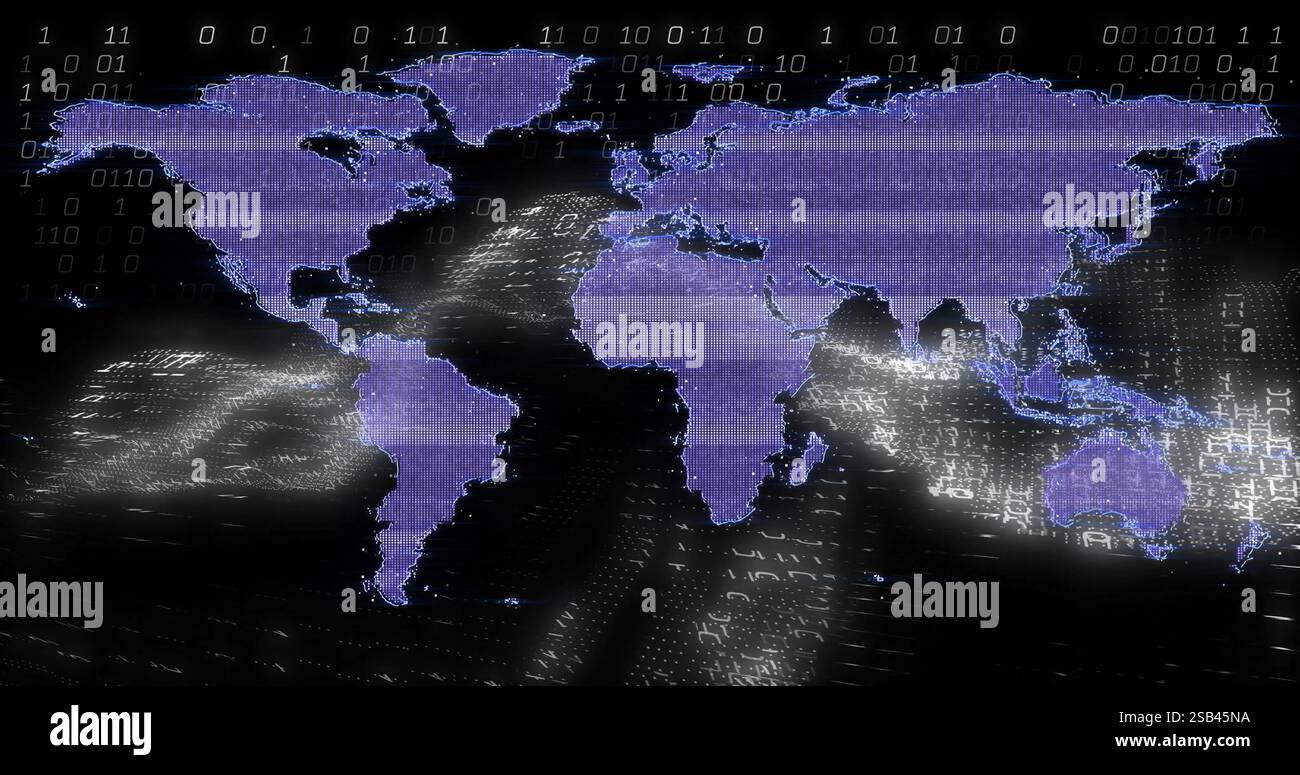 World map with binary code and data processing image over digital ...