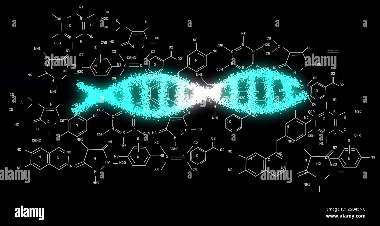 DNA strand image over chemical structures and molecular formulas Stock ...