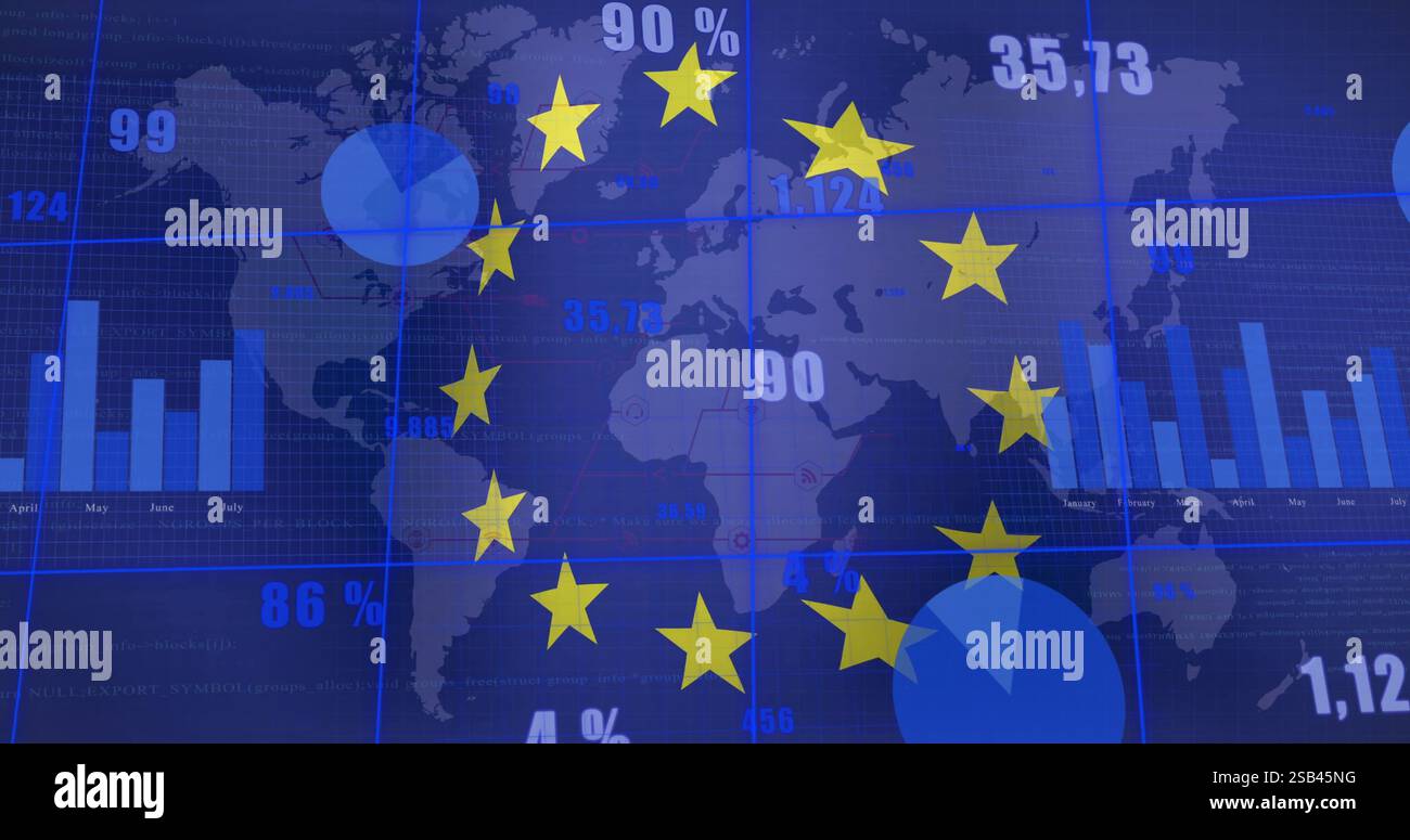 European Union stars image over world map with financial data and ...