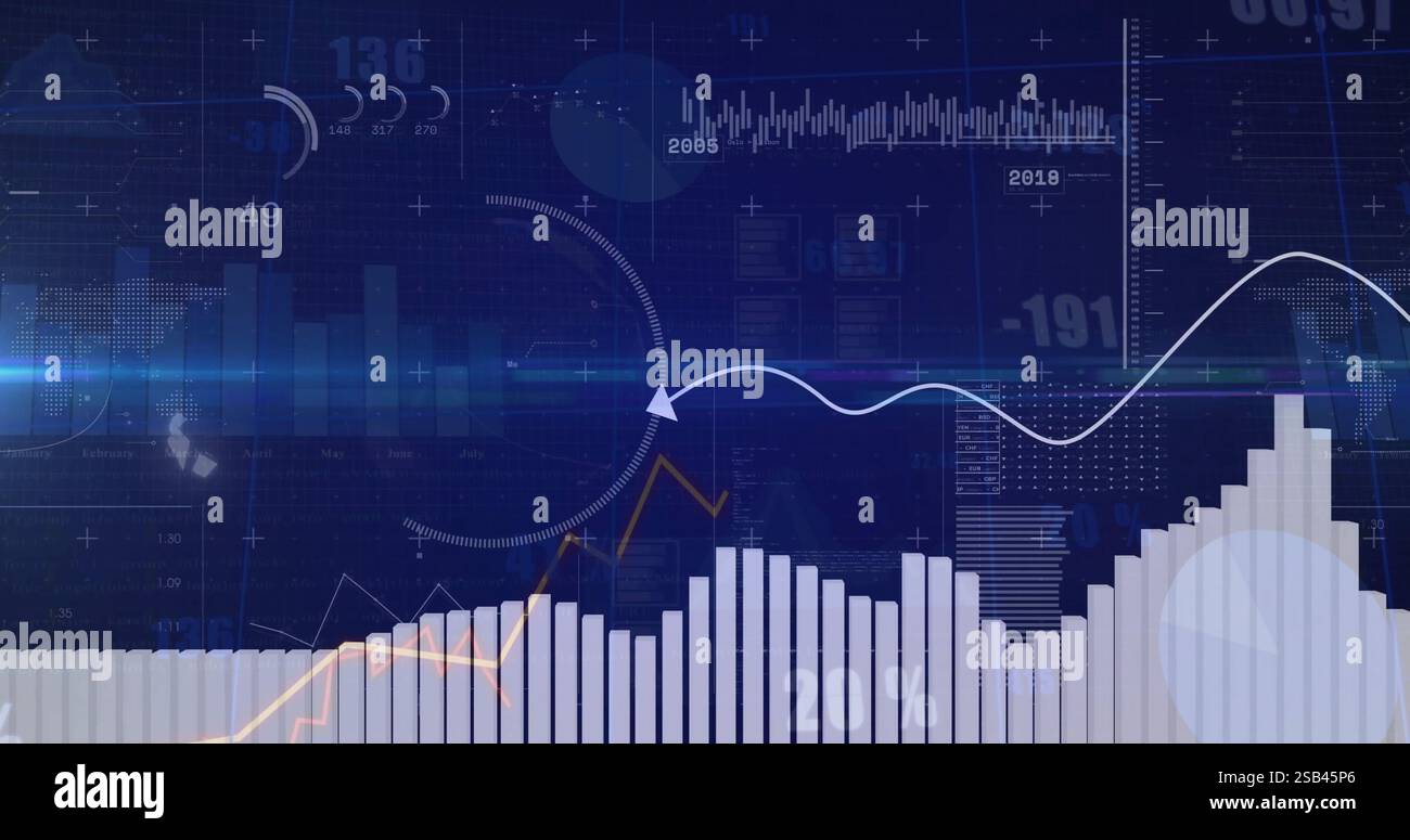 Financial data charts and graphs image over blue background with ...