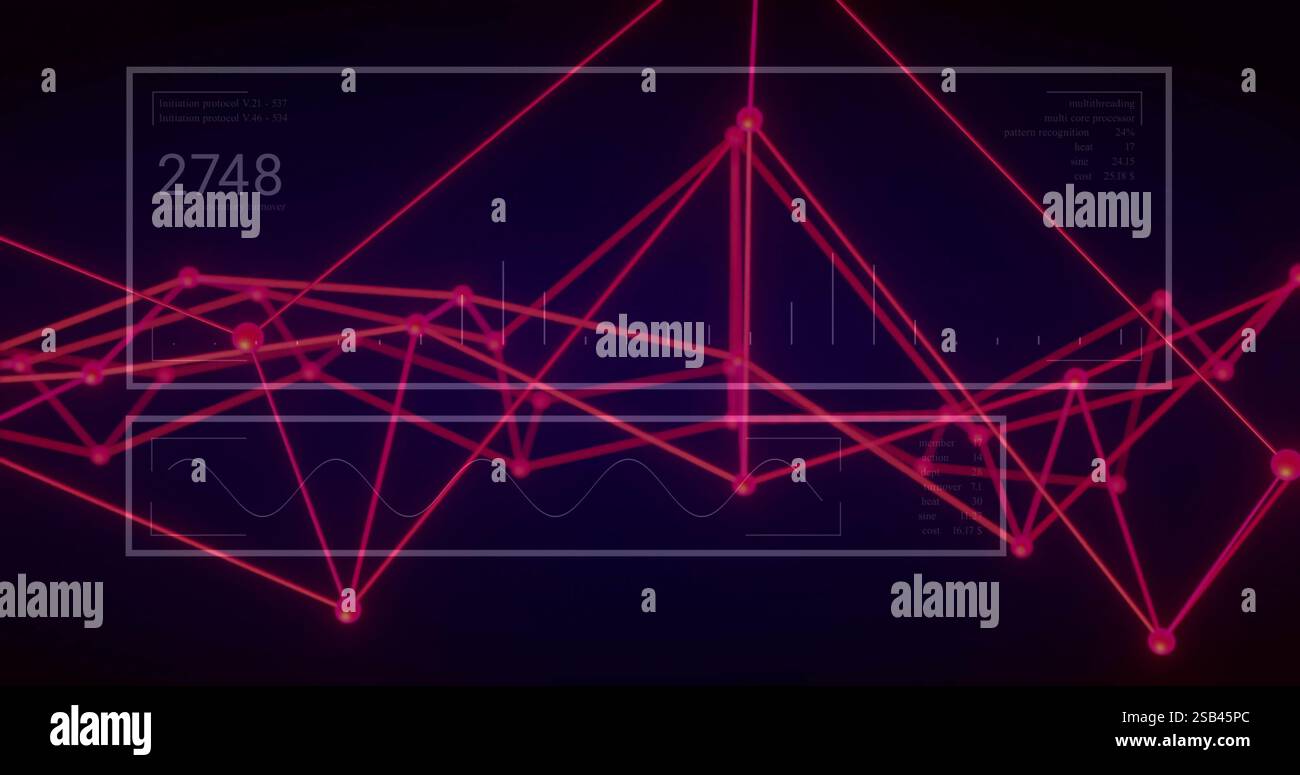 Red Network Connections And Data Points Image Over Dark Background With Numerical Data Stock