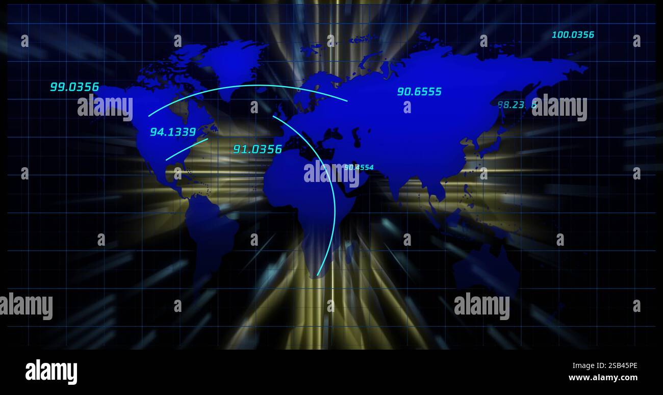 Global data transfer image over world map with numerical coordinates ...