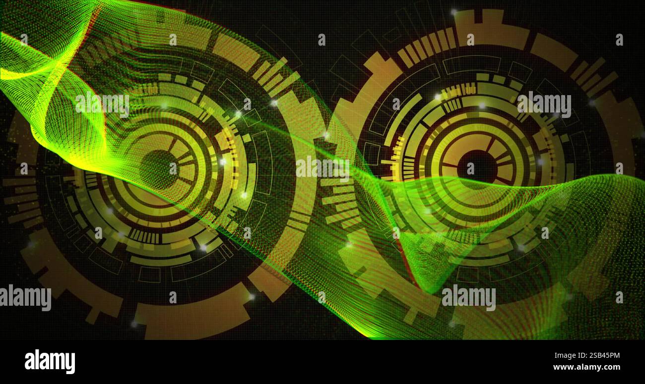 Image of connections and data processing over cogs spinning on black ...