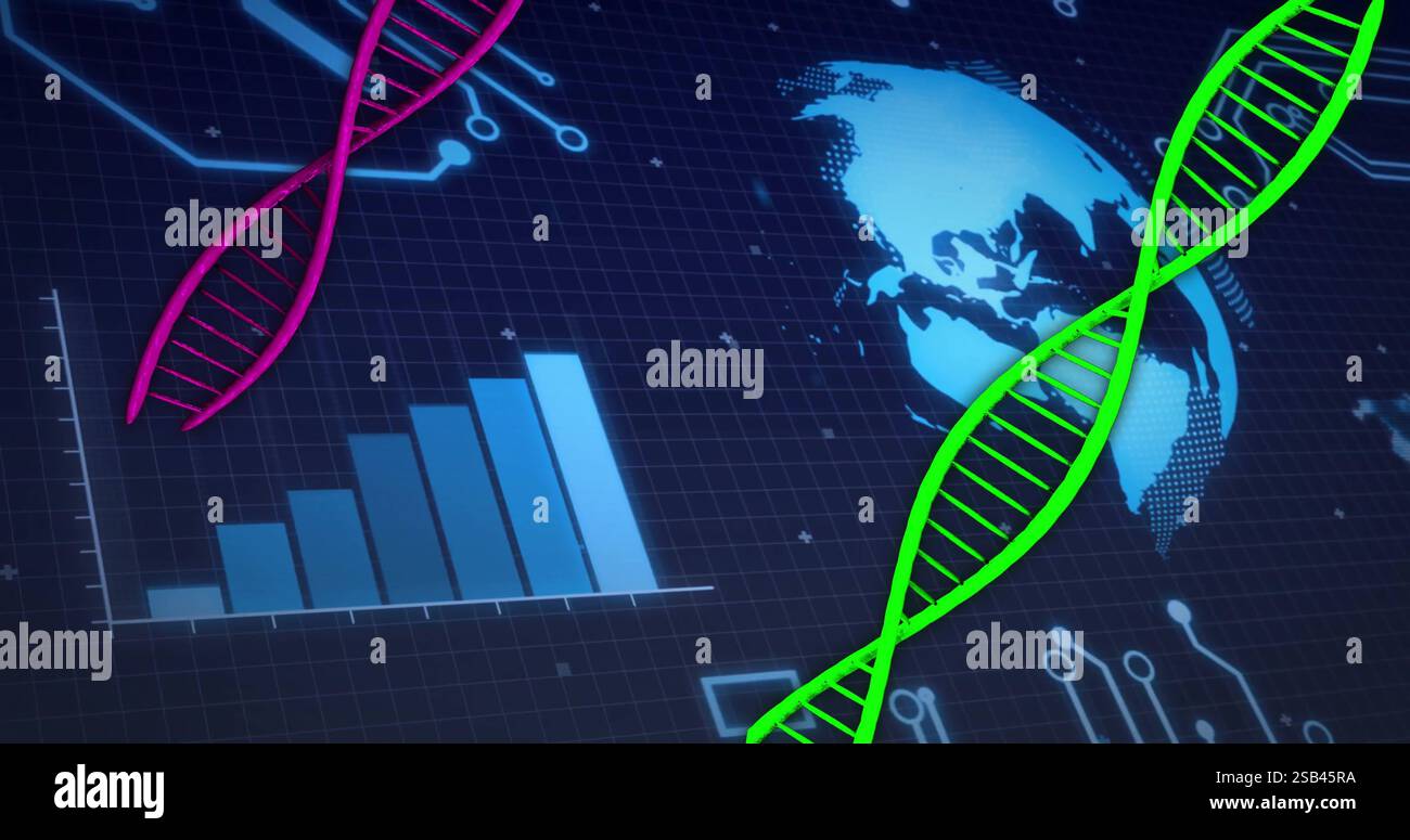 DNA strands and data charts image over world map background. Science ...