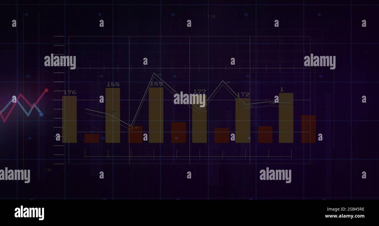 Bar and line charts with fluctuating data points, financial analysis image Stock Photo - Alamy
