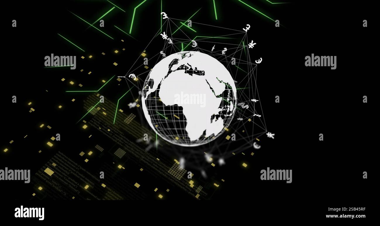 Global financial network and currency symbols image over digital data ...