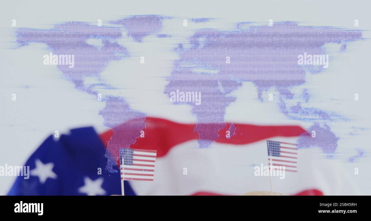 World map image over American flag and burgers with small USA flags ...