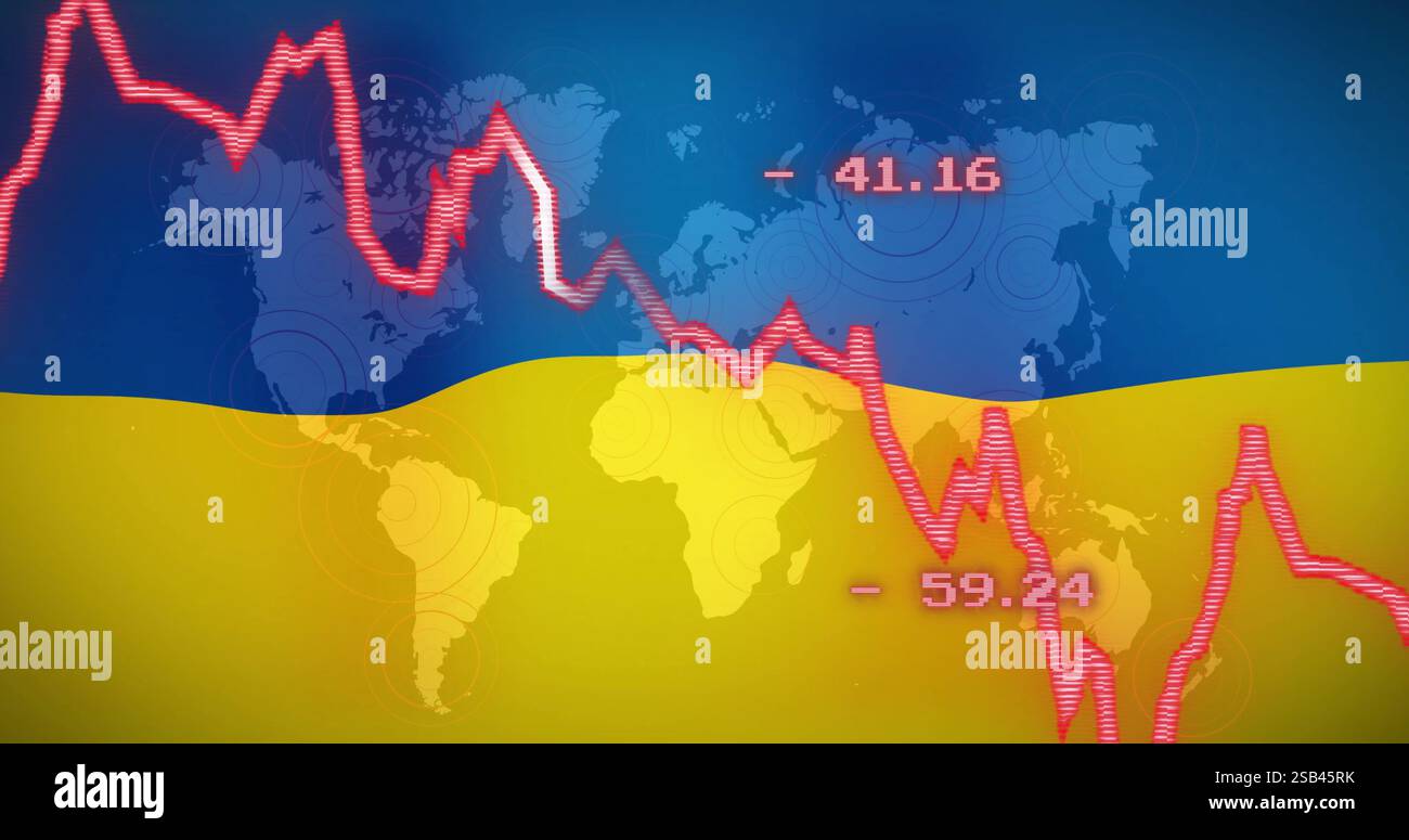Red graph line and numbers image over world map and Ukraine flag ...