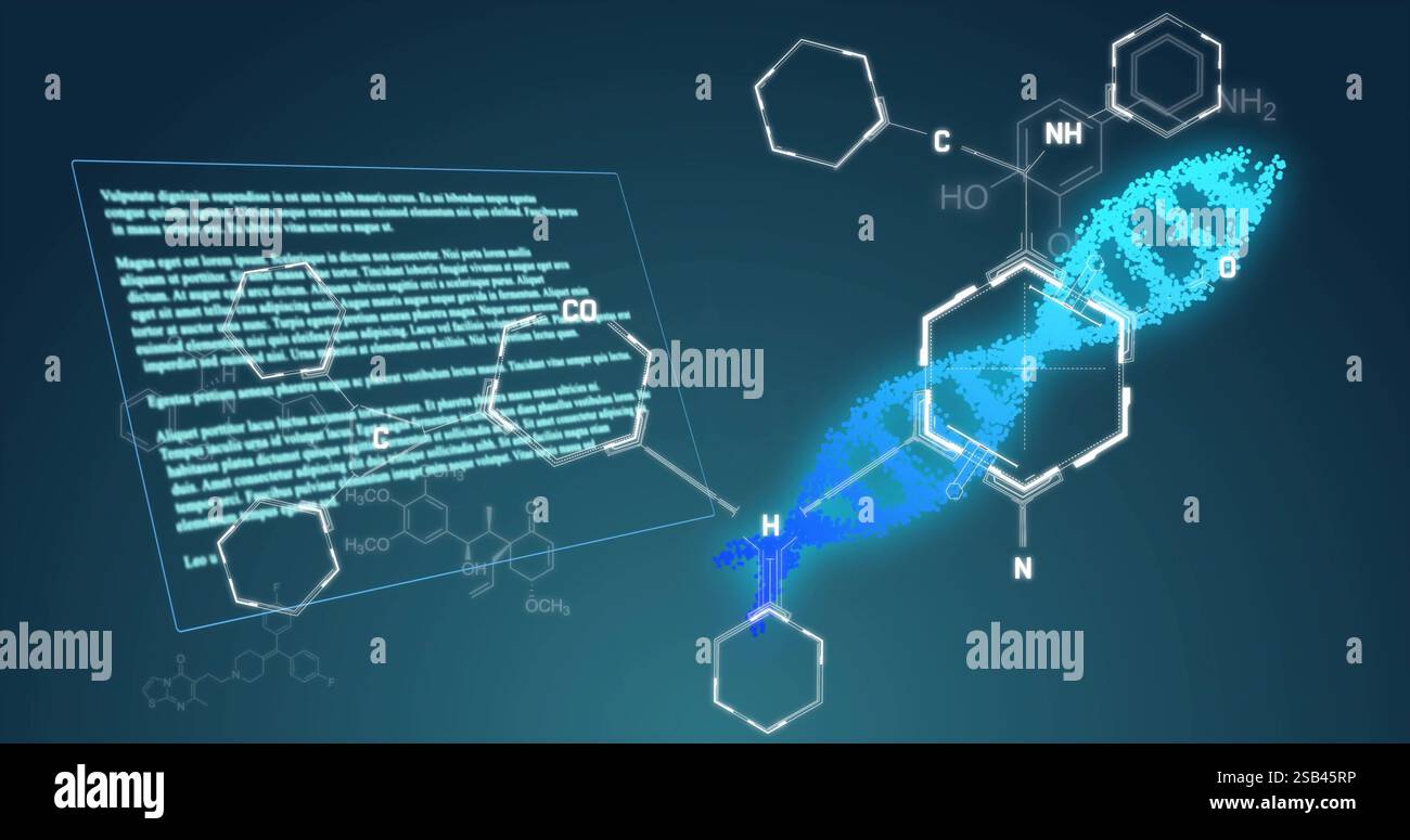 Chemical structure and molecular data image over scientific text and ...
