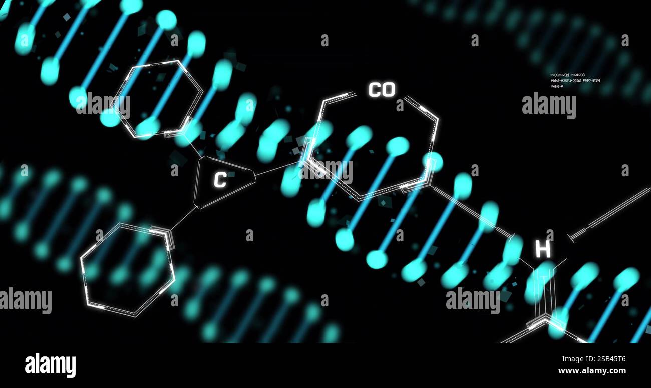 Chemical structure and DNA strand image over black background Stock ...