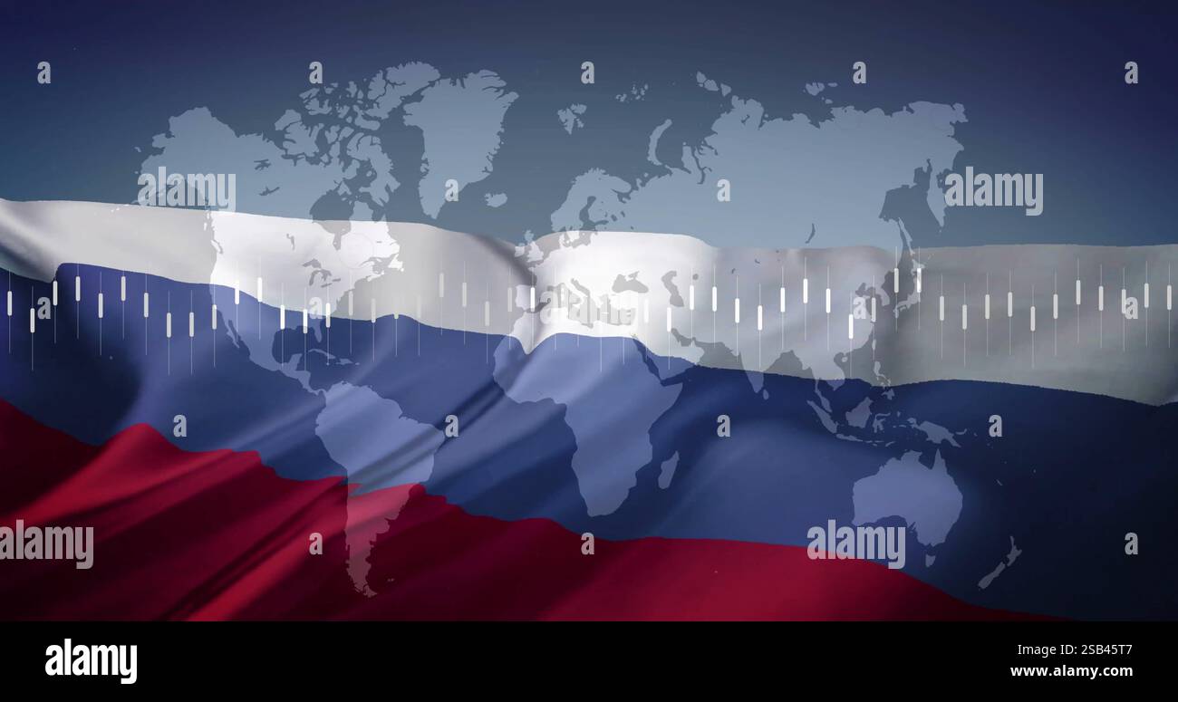 World map with data visualization image over Russian flag background ...