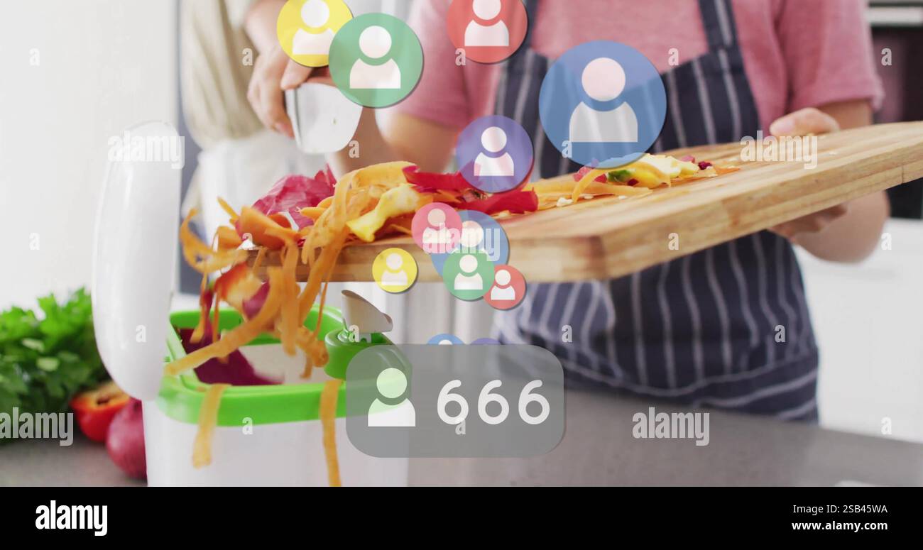 Chopping vegetables, social media interaction image over kitchen scene ...