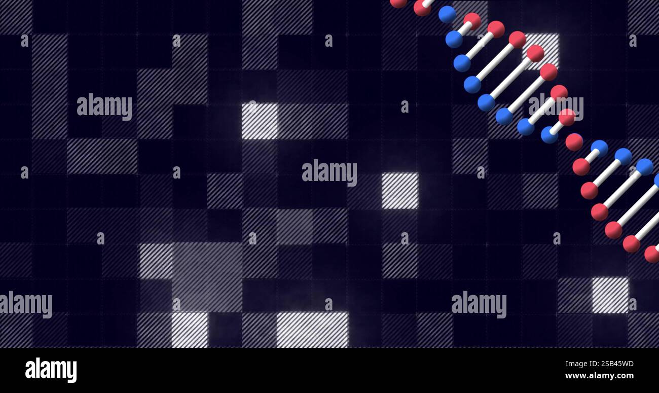 DNA strand image over pixelated black and white background Stock Photo ...