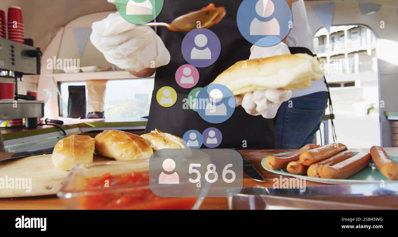 Serving food, person with gloves preparing sandwiches, social media ...