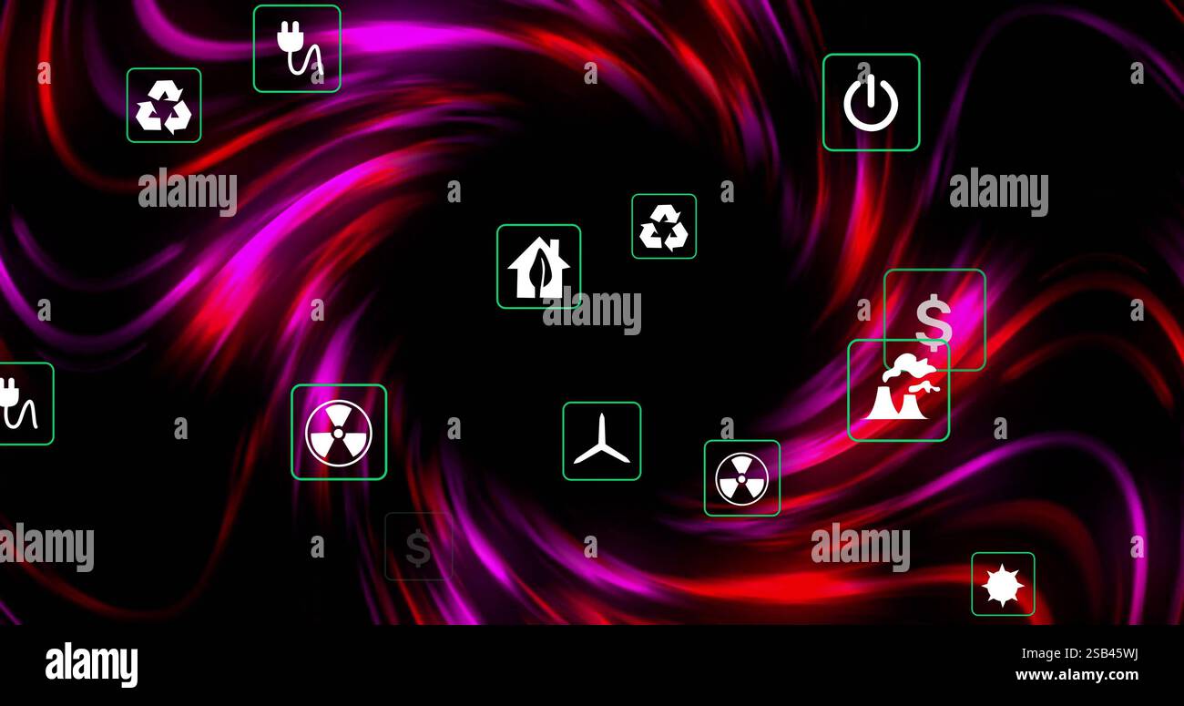 Energy and sustainability icons image over swirling red and purple ...