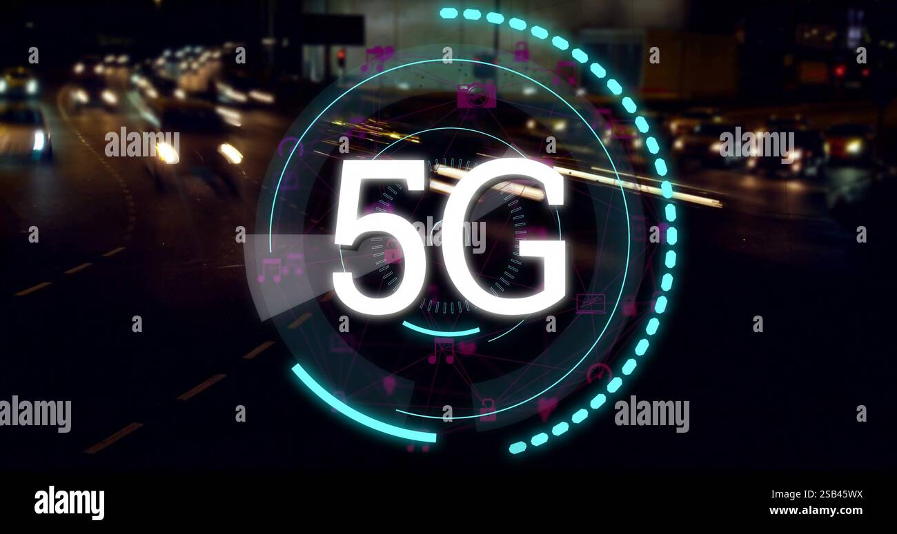5G technology image over busy city traffic at night Stock Photo - Alamy